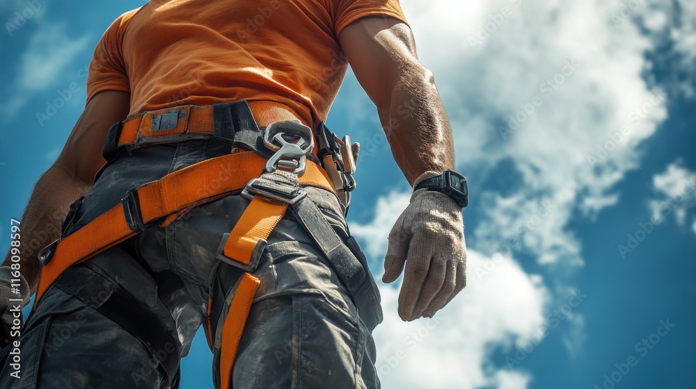 Construction Worker Wearing Safety Harness Demonstrating Commitment to ...