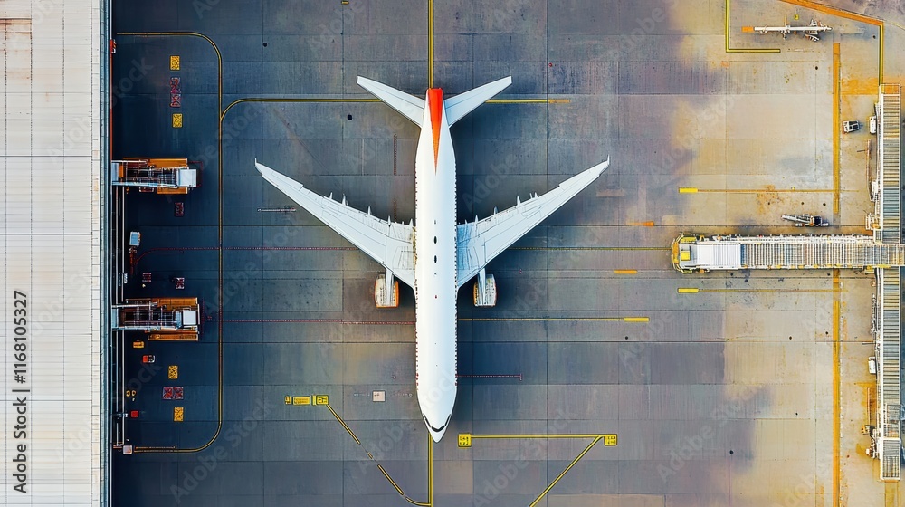 Aerial view, commercial airplane, tarmac, top-down perspective, white ...