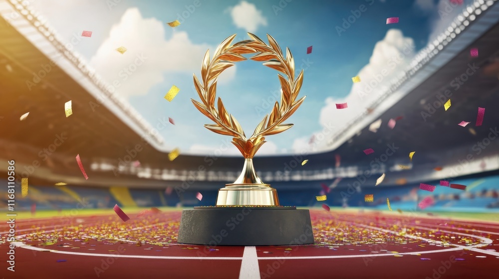 Foto de Stock stadium track, golden laurel wreath trophy, red running ...