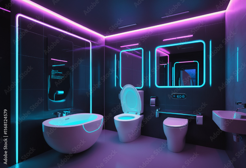 bathroom with modern sci fi and futuristic toilet neon lights ...