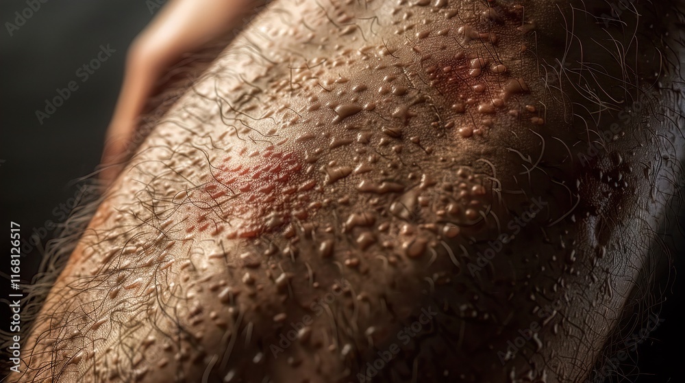 A detailed close-up of a severe rash on a person's leg, showing raw ...