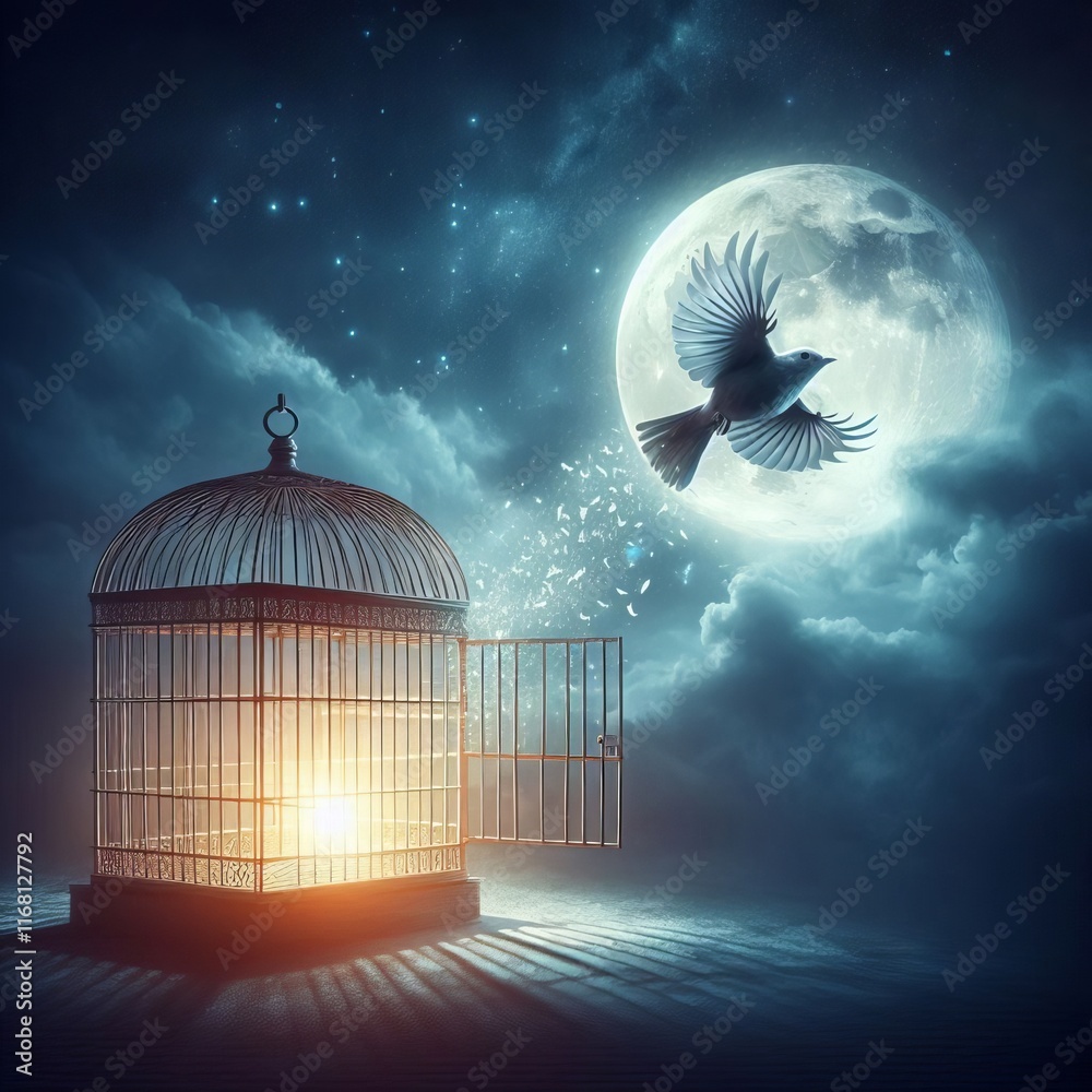 Bird and Cage at Night A bird flying towards a full moon leaving Stock ...
