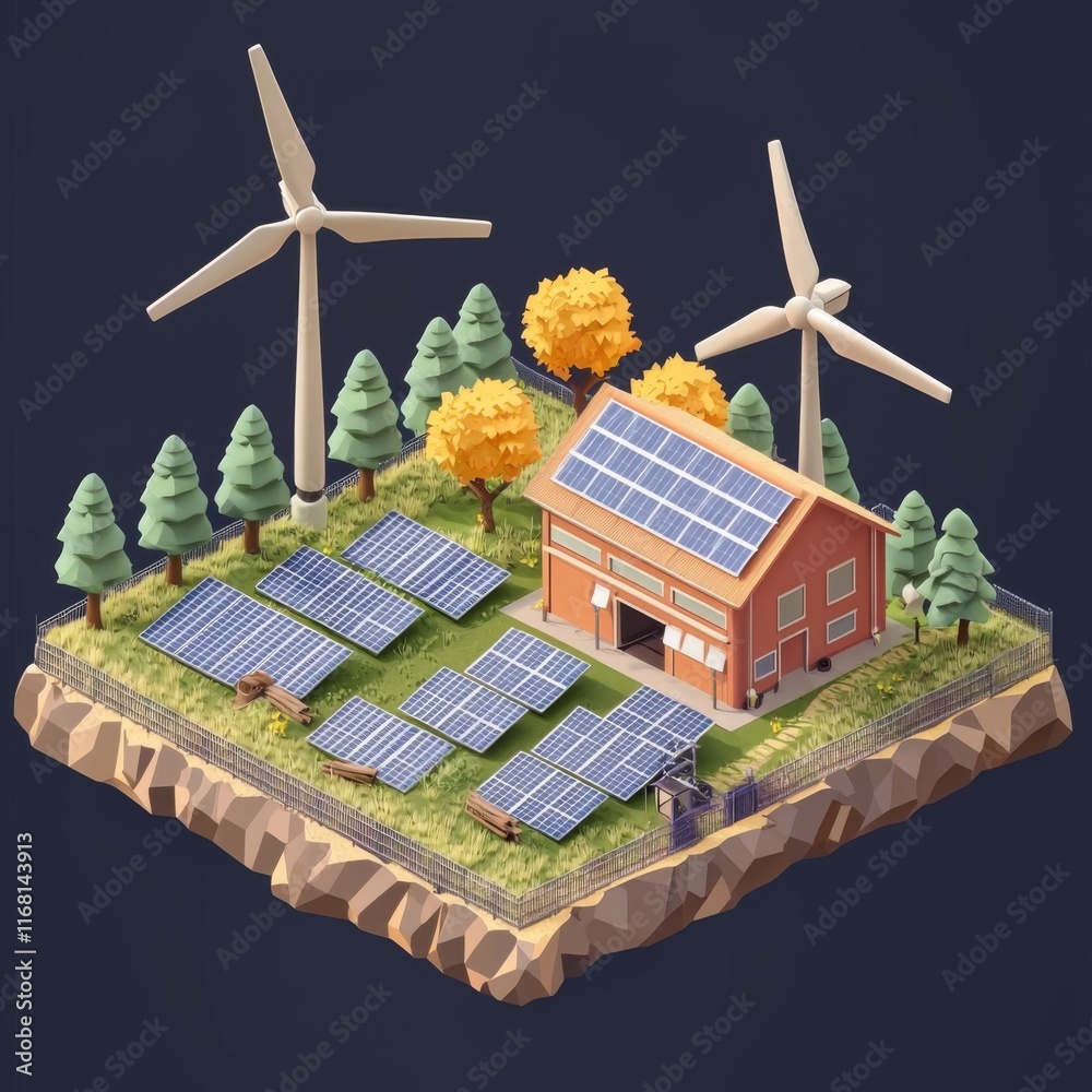 Digital illustration of renewable energy farm with solar panels and ...