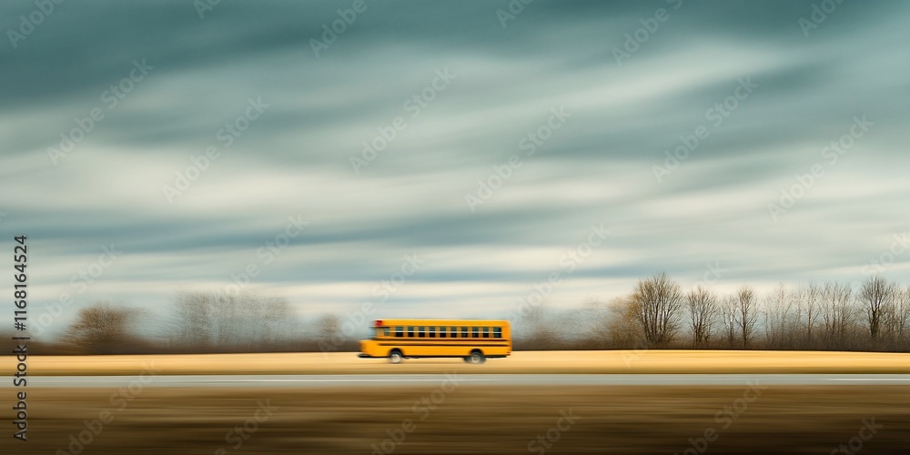 Blurry yellow school bus driving on a rural road under a cloudy sky ...