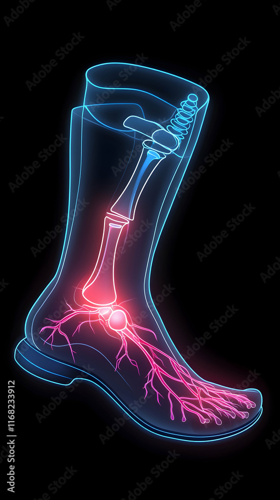 Ankle pain anatomy illustration, foot in shoe, nerves highlighted ...