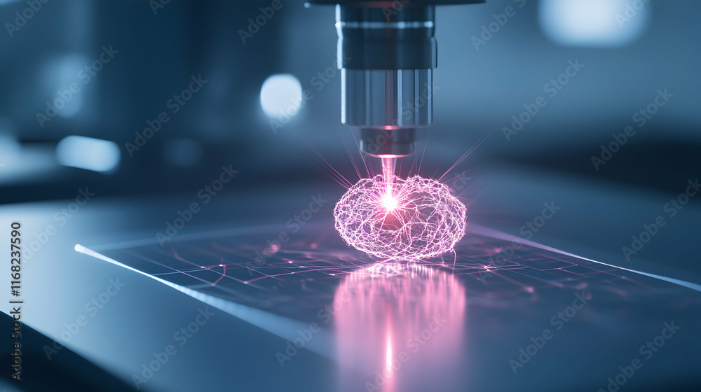 3D-printed brain model scanned by precision laser; futuristic lab ...