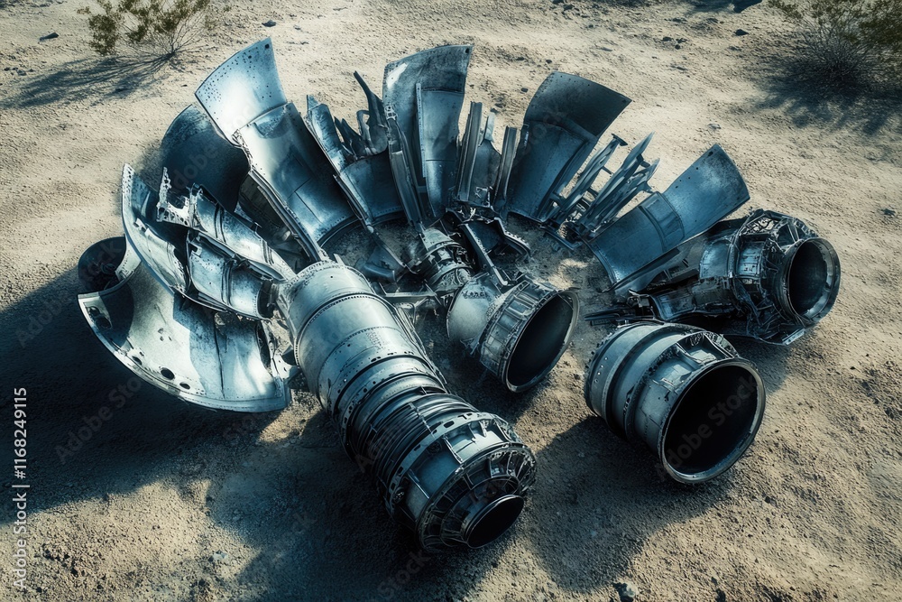 Foto de Stock Scattered remnants of a jet engine lie in the desert sand ...