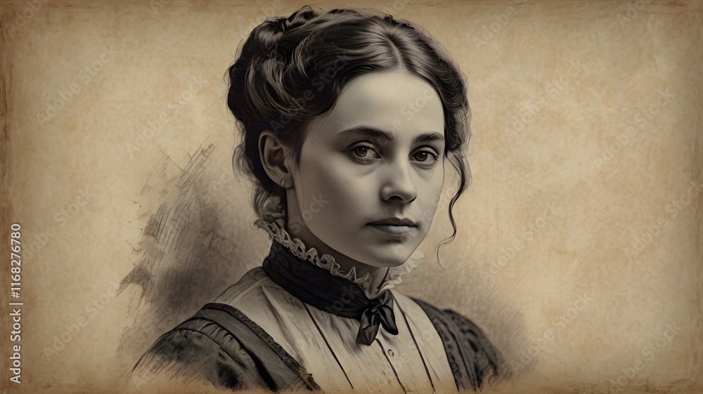 A detailed charcoal and pencil portrait of a Victorian-era woman, drawn ...