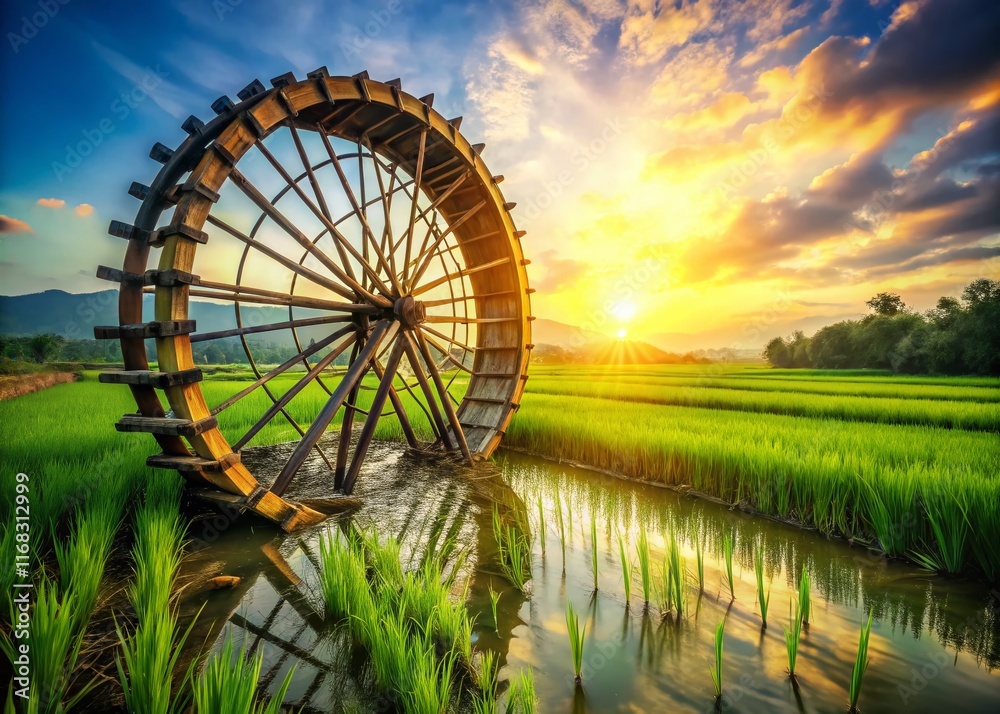 Ancient Bamboo Water Wheel Irrigation System in Lush Green Rice Paddy ...