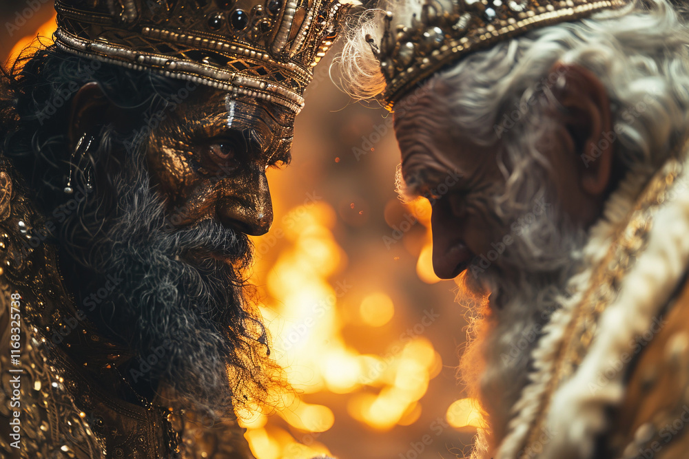 Catholic Christian bishop priest with the Devil Satan horned with wings ...