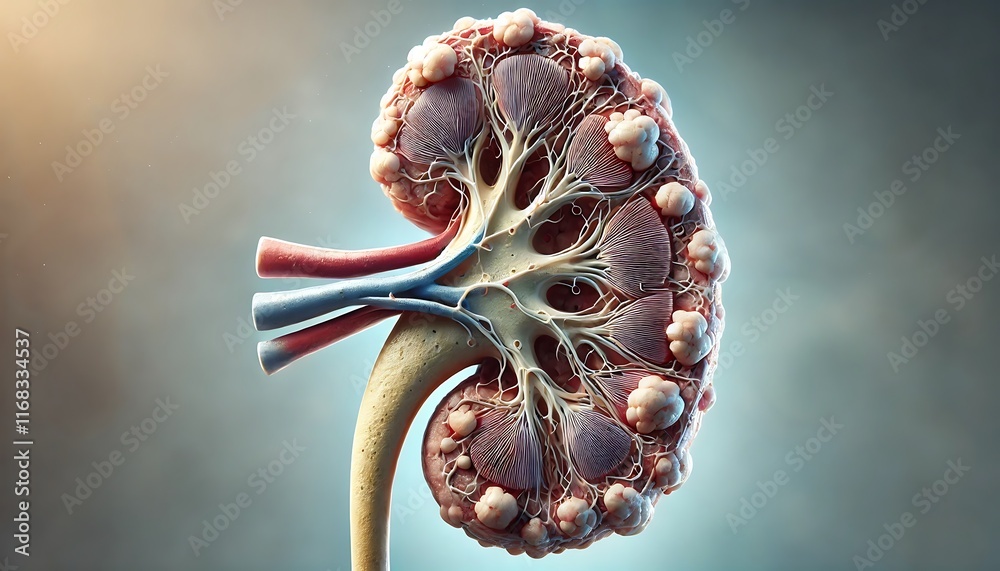 Detailed medical illustration of a human kidney with kidney stones ...