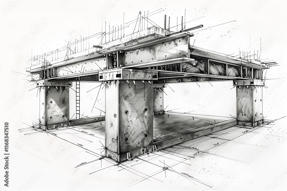 Detailed architectural sketch of a bridge construction, highlighting ...