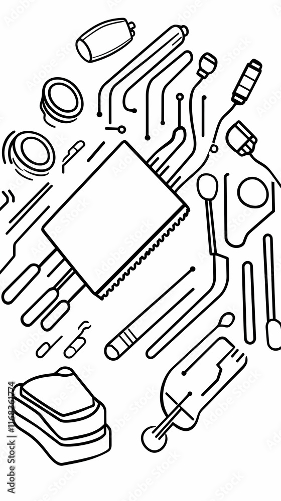Circuit board components diagram, technical illustration, engineering ...