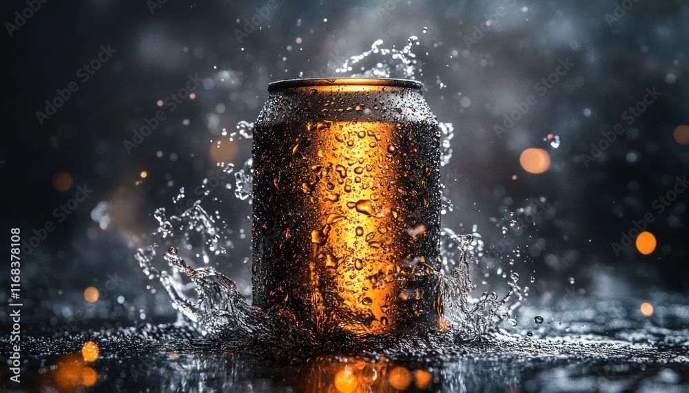 Hyper-Realistic Aluminum Soda Can with Dramatic Lightning and Water ...