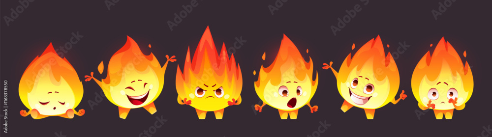 Cartoon flame mascot showing various emotions - yellow fiery character ...
