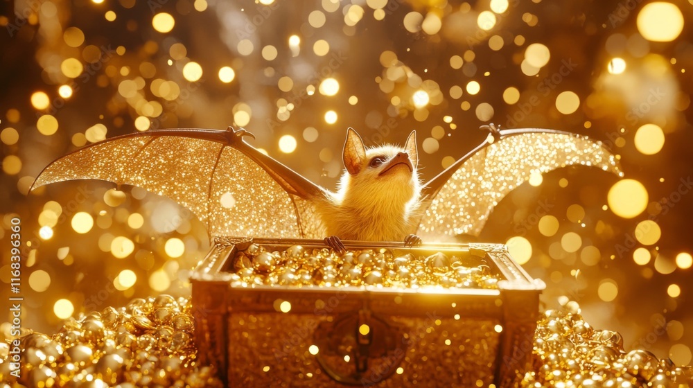 Magical bat celebrating in treasure chest enchanted forest fantasy art ...