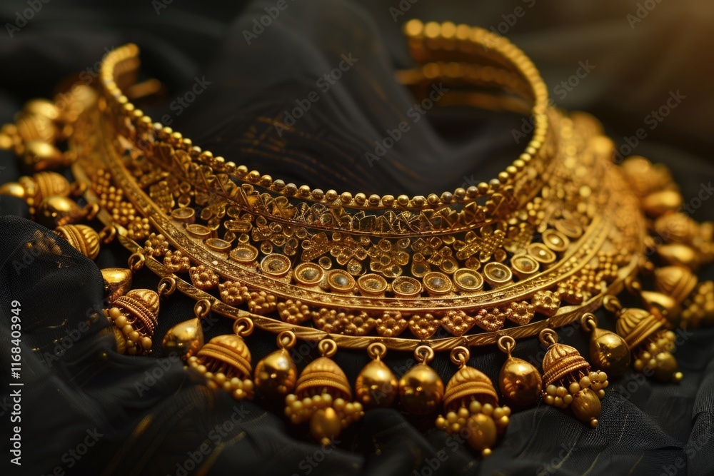 Beautiful Neckless gold jewellery isolated on black background side ...