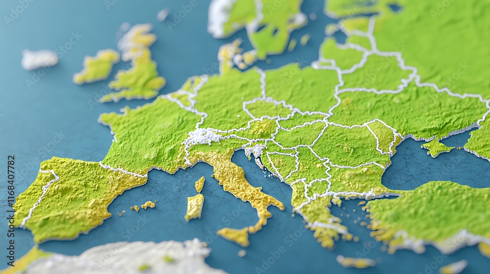 3D map of Europe showing countries, terrain, and coastlines. Stock ...