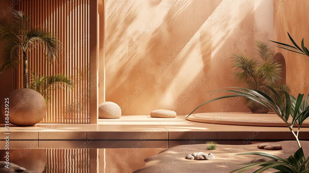 Tropical surreal desert landscape with water reflections and modern ...