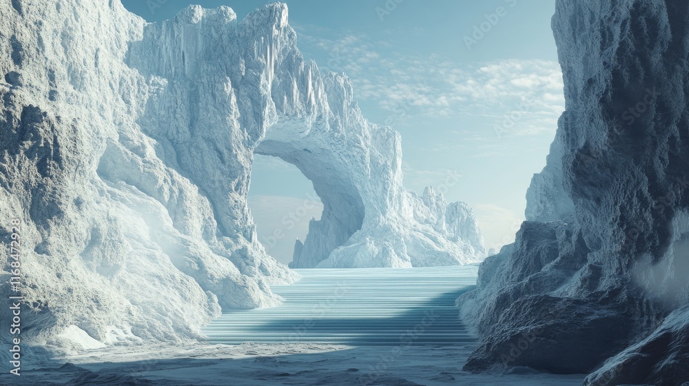 ancient glacial amphitheater with pristine ice stage, monumental frozen ...