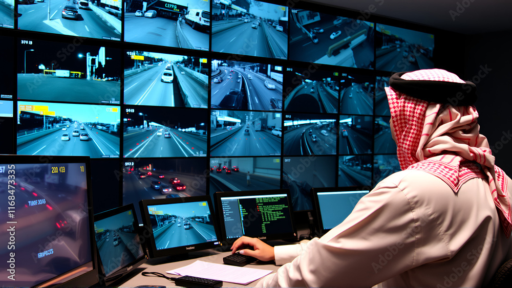 Middle eastern employee monitoring traffic surveillance footage on ...