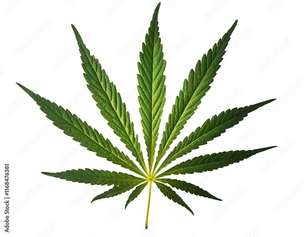 bright green lush one cannabis leaf isolated on transparent background ...
