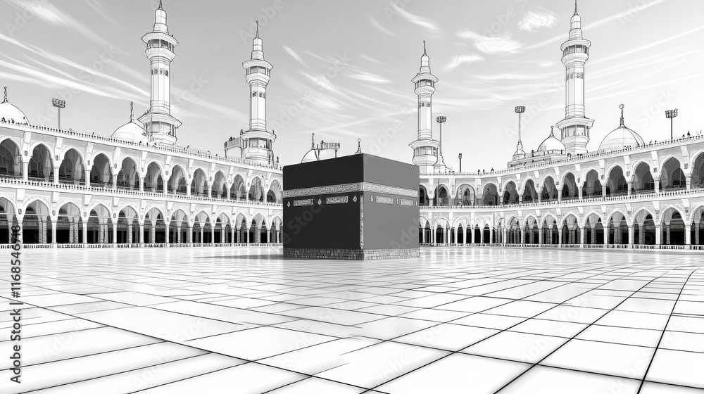 Simple Black and White Drawing of Kaaba in Mecca, Minimalistic Ink ...