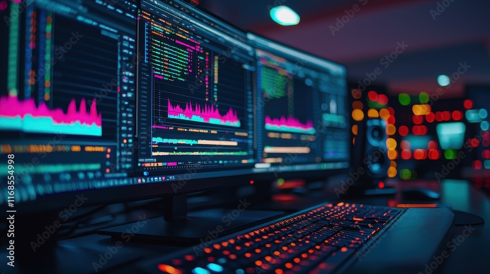 High-tech data analysis setup with glowing screens and keyboard in a dark environment. Stock ...