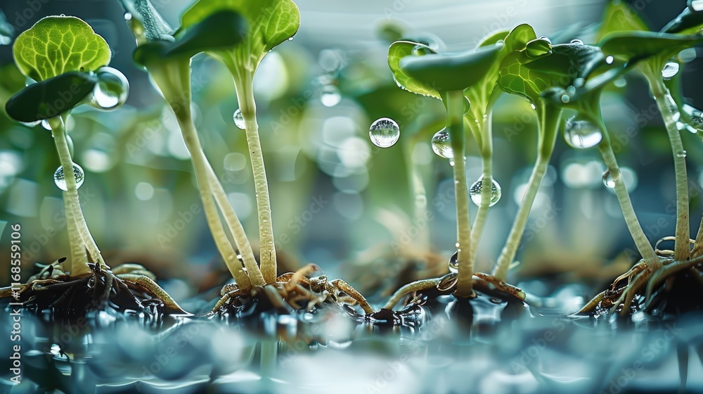 A root system with water droplets in an aeroponic system illustrates ...