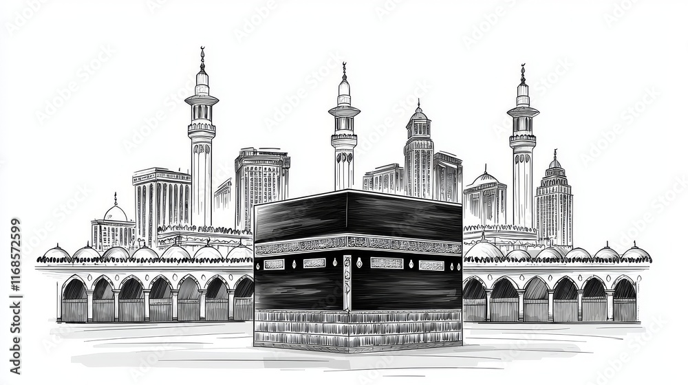 Simple Black and White Drawing of Kaaba in Mecca, Minimalistic Ink ...