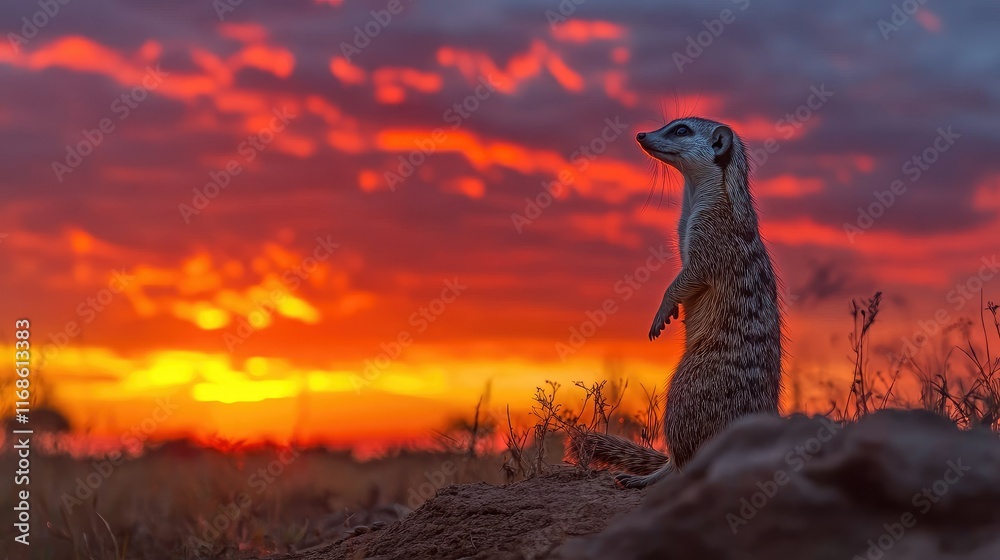 A dramatic capture of a common mongoose standing tall on its hind legs ...