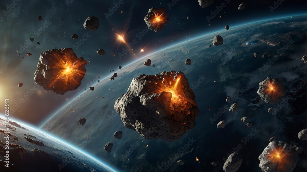 Asteroids swarm of boulders or stone meteorite isolated on transparent ...