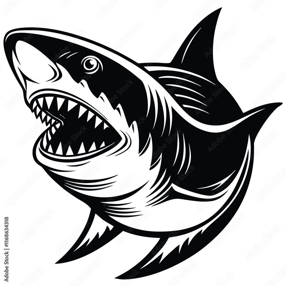 Stylized shark illustration, black and white graphic, aggressive pose ...