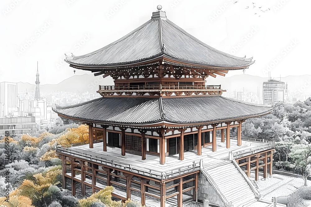 Minimalist Line Drawing of Traditional Japanese Pagoda with Layered ...
