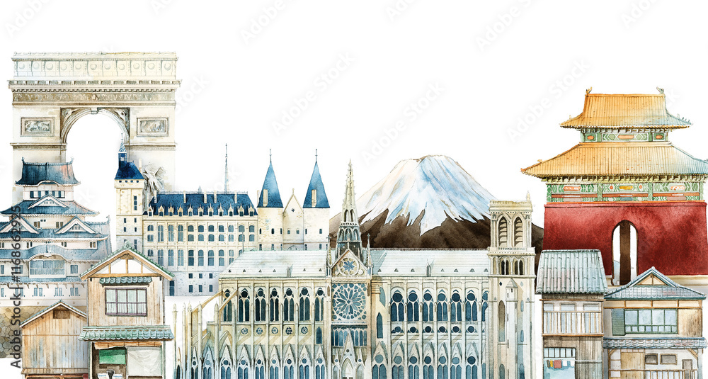 Watercolor historical landmarks png border, architecture, transparent ...