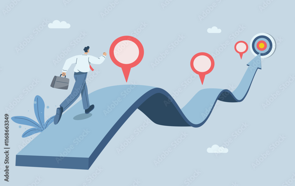 Businessman running on project timeline, Project planning to develop ...