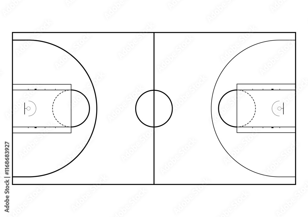 Basketball court and play field for game with ball, layout scheme ...