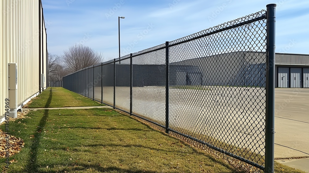 Black chain link fence secures the perimeter of a commercial property ...