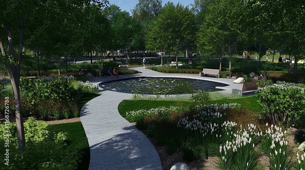 Animated discussion among residents in a modern downtown park with ...