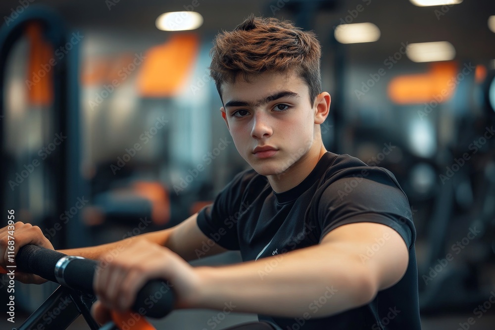 Gen Z boy at a stylish gym, using a rowing machine, focused expression ...