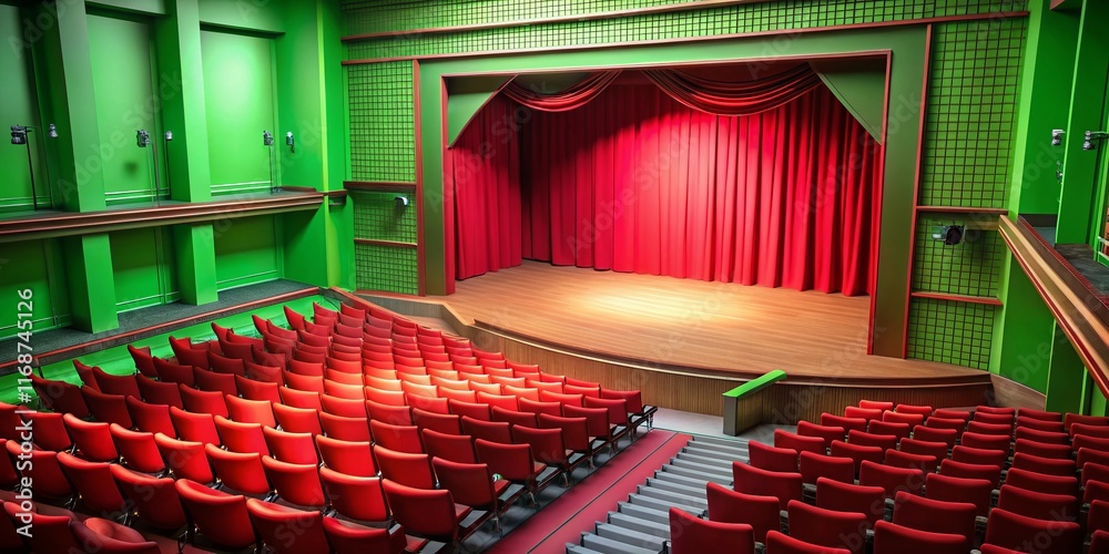 Empty Theater, Red Curtain Reveal, Green Screen Chroma Key, Aerial View ...