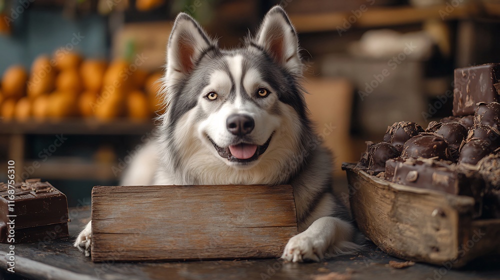 Charming Husky Dog Poses Playfully with Wooden Sign in Rustic Market ...