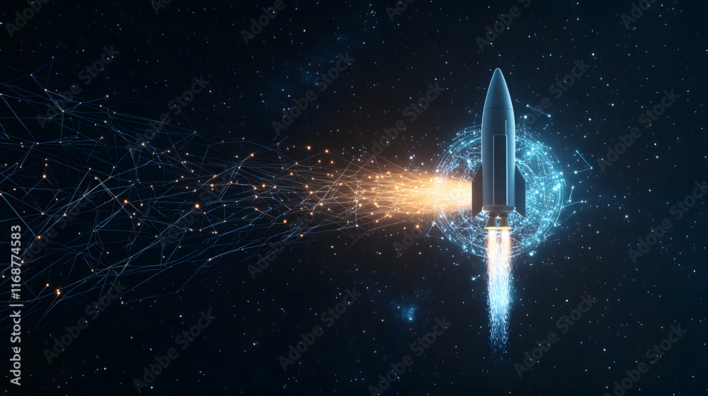 3D render of a rocket flying through space, leaving a trail of fire and ...