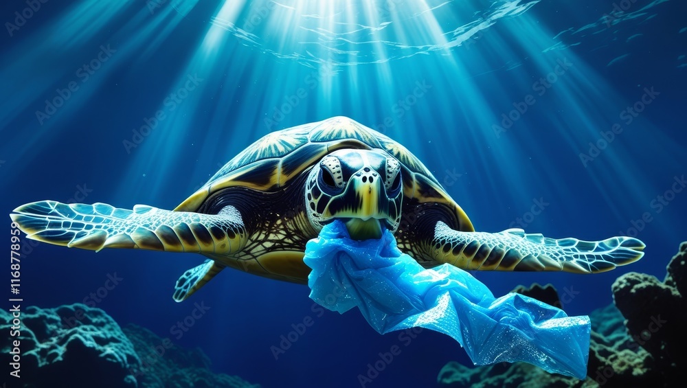 Marine turtle encountering a plastic bag in polluted waters ...