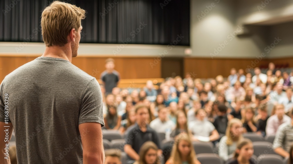 Principal addressing a school assembly, setting goals for the year with ...