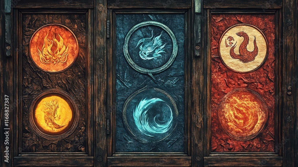 Wooden Panels Depicting Elemental Symbols of Fire Water and Air Stock ...