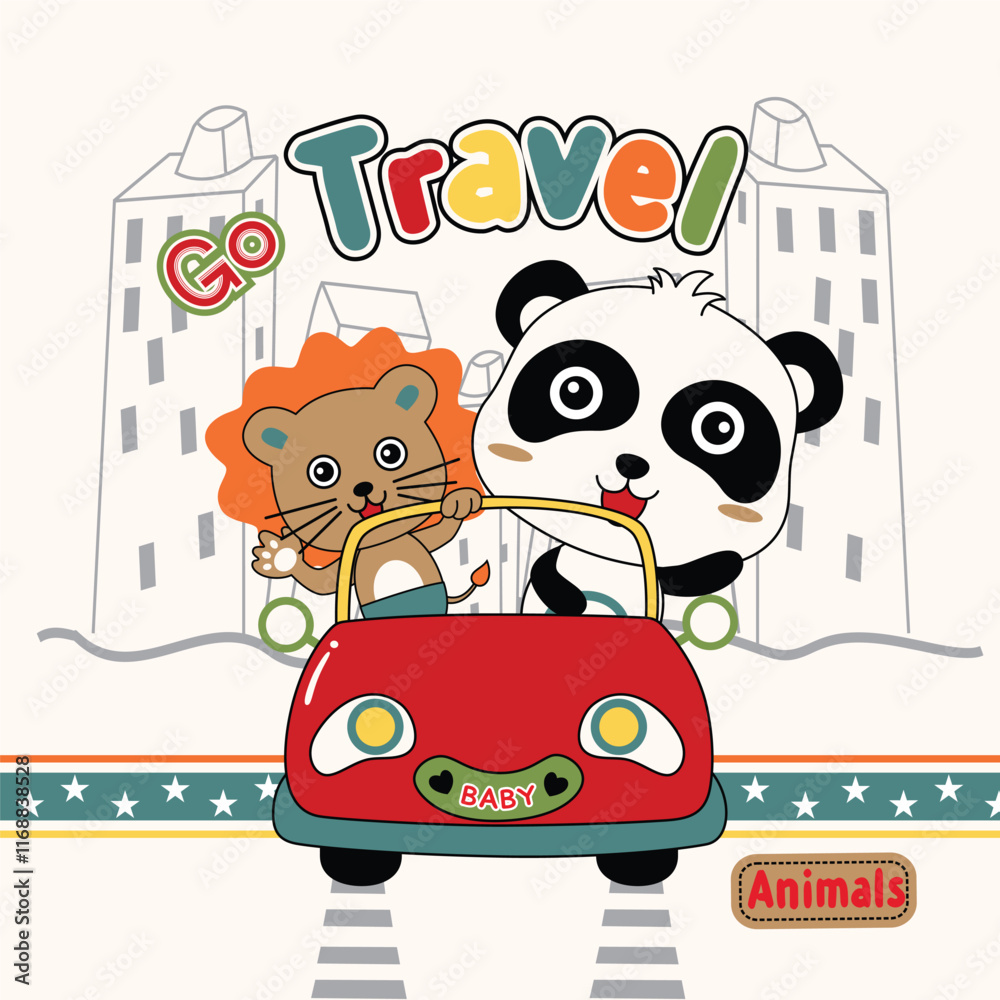 Cute animal vector illustration driving a car on a city road with ...