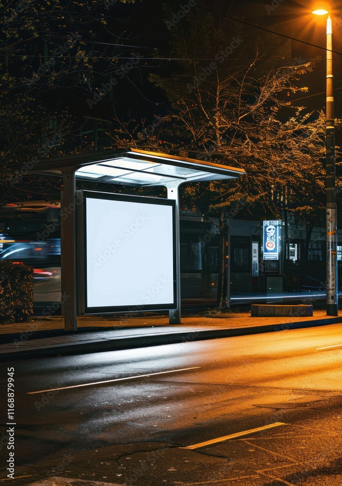 bus stop at night glowing blank white poster on the side of an empty ...