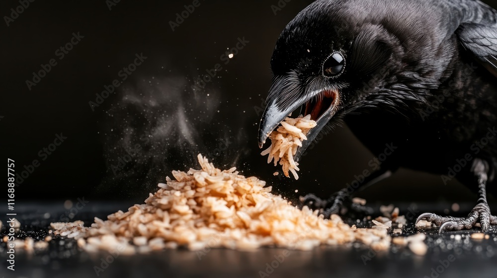 An intense moment showcasing a black crow feeding on rice with dynamic ...