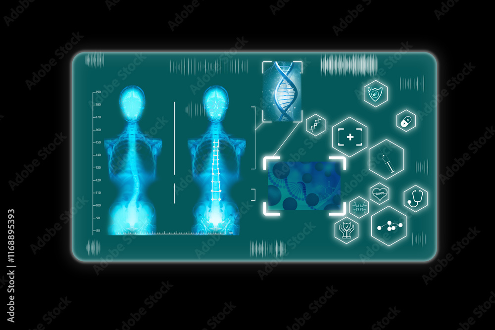 Medical technology. Virtual frame with human skeleton x-ray, DNA ...